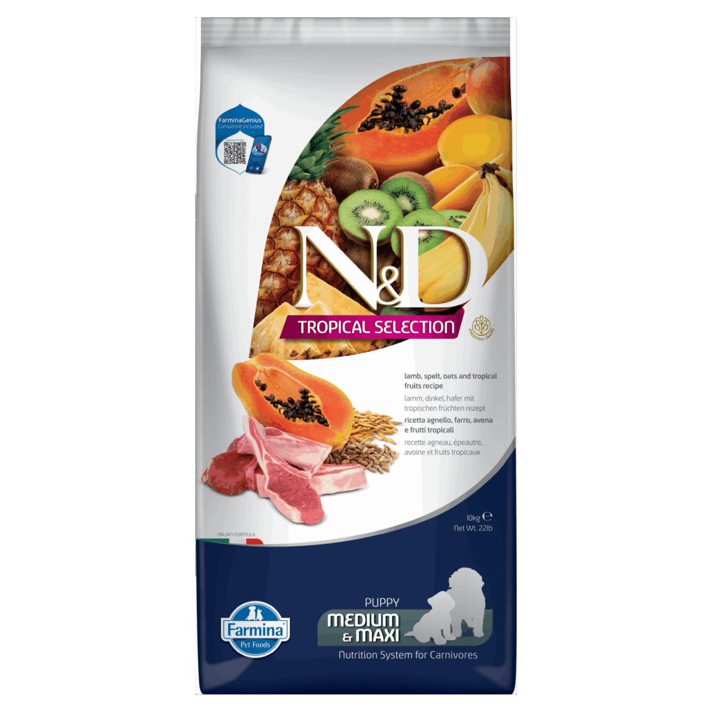 N&D Tropical Lamb PUPPY Medium & Maxi Kibble Size Dry Dog Food 10kg ...